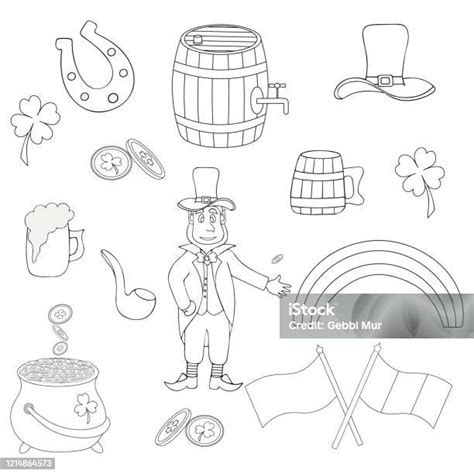세인트 패트릭의 날을 위해 설정합니다 모자 클로버 말굽 금에 레프러 쿤의 벡터 그림 어린이와 성인을위한 색칠 공부 책 격리된 배경의 윤곽선입니다 낙서 스타일입니다 책에 대한