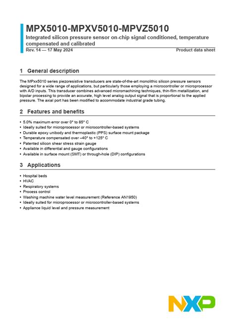 Mpx5010 Integrated Silicon Pressure Sensor Nxp