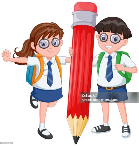 큰 연필을 들고 있는 만화 학교 아이들 벡터 일러스트 레이 션 개념에 대한 스톡 벡터 아트 및 기타 이미지 개념 개념과