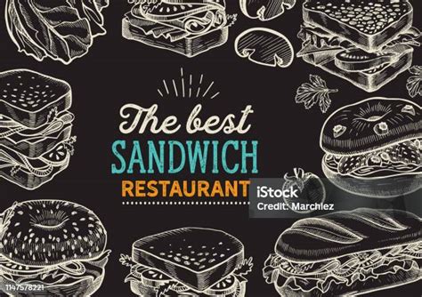 샌드위치 일러스트베이글 간식 햄버거 레스토랑 카페와 패스트 푸드 트럭에 대 한 벡터 손으로 그린 포스터입니다 레터링과 낙서 빈티지 그래픽 디자인 일러스트레이션에 대한 스톡