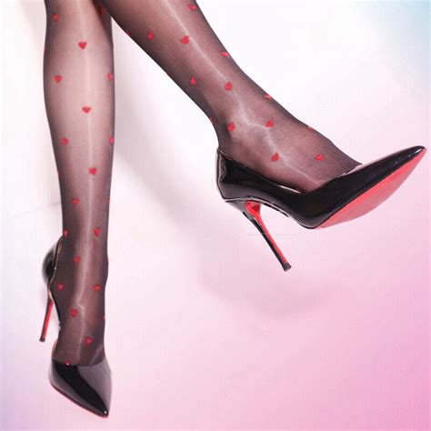 Oily Glossy Sheer Crochless Pantyhose Red Heart Printed Stocking Tights