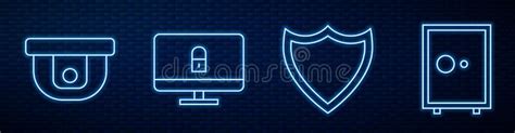 Set Line Shield Motion Sensor Lock On Computer Monitor And Safe Glowing Neon Icon On Brick