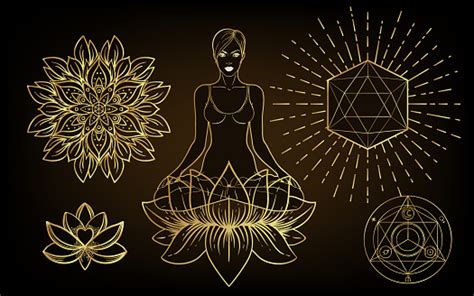 신성한 형상 및 부 기호 세트입니다 조화와 균형의 아유르베다 기호 문신 디자인 요가 로고 포스터 티셔츠 직물 검은 색 위에 다채로운 무지개 그라데이션 개체 그룹에 대한 스톡