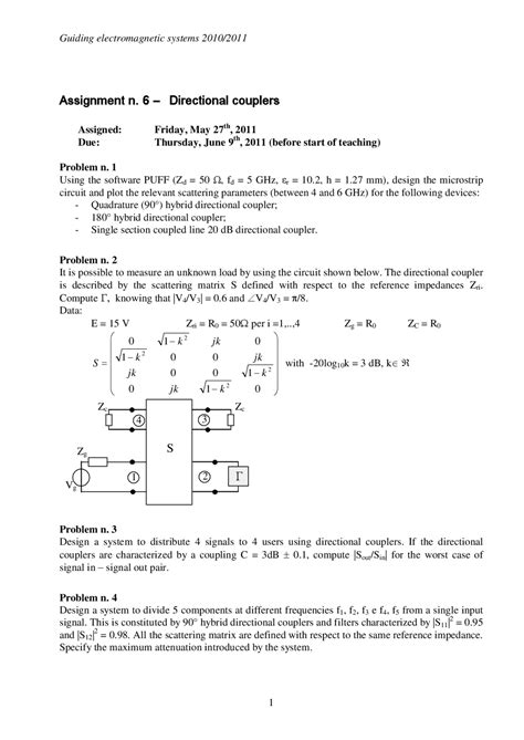 Guiding Electromagnetic Systems Homework 6 Directional Couplers Prof Pirinoli 20102011