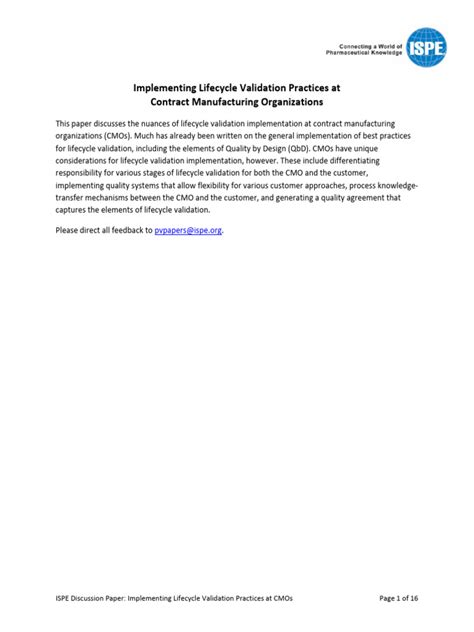 Implementing Lifecycle Validation Practices Contract Manufacturing