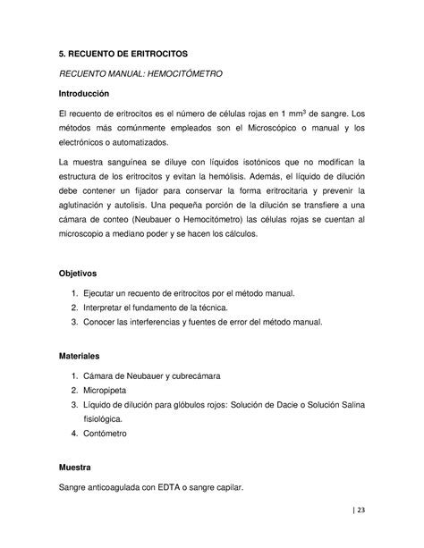 Recuento De Eritrocitos 5 Recuento De Eritrocitos Recuento Manual HemocitÓmetro Introducción