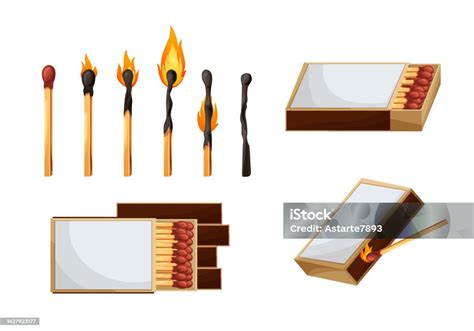 불에 탄 막대기가있는 성냥 상자 점화에서 멸종에 이르기까지 유황 머리 불타는 단계가있는 성냥갑 세트 만화 불꽃 모닥불 벡터 일러스트 레이 션 개념에 대한 스톡 벡터 아트 및