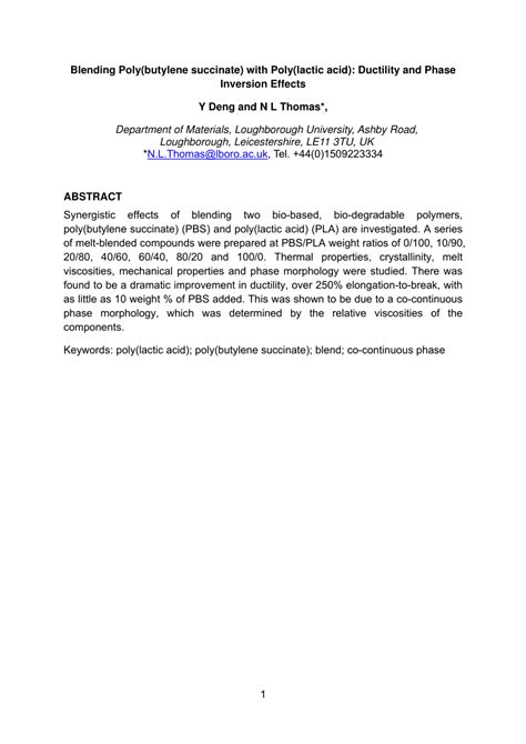 Pdf Blending Polybutylene Succinate With Polylactic Acid Ductility And Phase Inversion