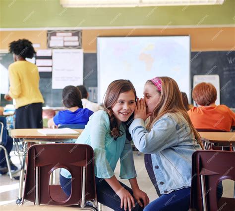 Premium Photo Student Friends And Whisper In Classroom For Secret