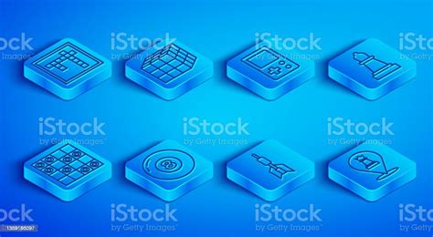 세트 라인 빙고 루빅 큐브 테트리스 당구 풀 스누커 공 다트 화살표 체스 체커와 아이콘의 보드 게임 벡터 3차원 형태에 대한