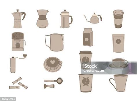커피 추출 방법 및 도구 모음 커피 머신과 식기 세트 카페 커피숍 레스토랑을 위한 손으로 그린 일러스트레이션 요소 가정용 장비에
