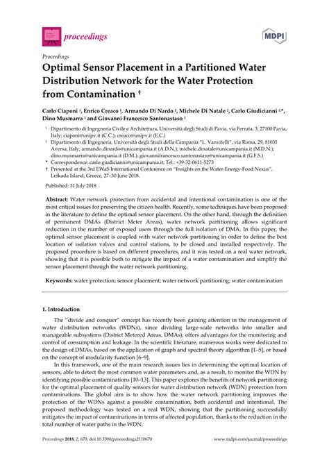 Pdf Optimal Sensor Placement In A Partitioned Water Distribution Network For The Water