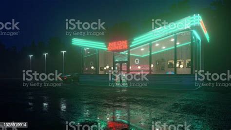 늦은 밤에 네온 식당과 복고풍 자동차 아스팔트에 안개 비 및 색상 반사 3d 일러스트레이션 작은 식당에 대한 스톡 사진 및 기타 이미지 Istock