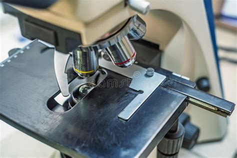 Closeup Of Objective Lens Microscope In Laboratory Stock Image Image