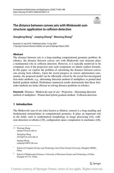The Distance Between Convex Sets With Minkowski Sum Structure Application To Collision