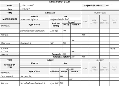 Fluid Intake And Urine Output Chart