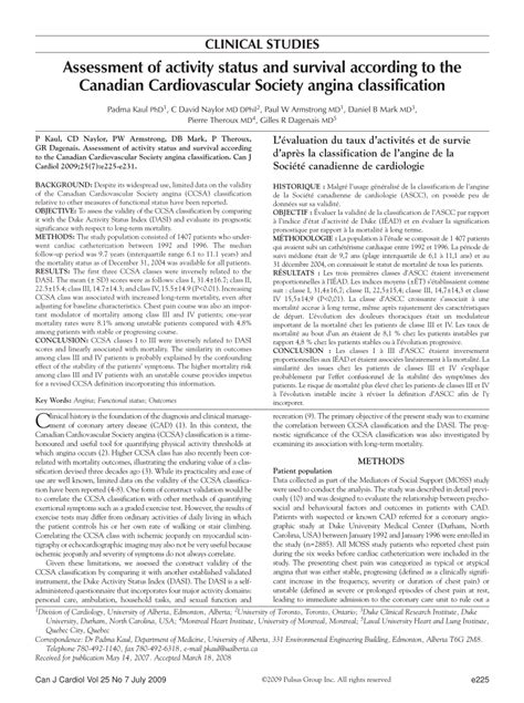 PDF Assessment Of Activity Status And Survival According To The Canadian Cardiovascular