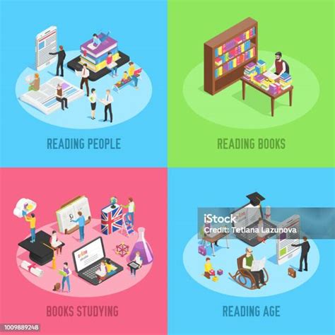 아이소메트릭 책 읽기입니다 교양 있는 사람들 학교 어린이 교과서 학생을 공부 하 고 읽고 신문이 나 책 3d 벡터 일러스트 레이