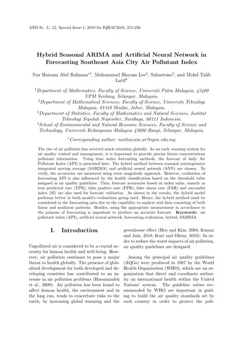 Pdf Hybrid Seasonal Arima And Artificial Neural Network In Forecasting Southeast Asia City Air