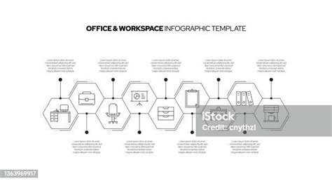 아이콘이 있는 사무실 및 작업 공간 개념 벡터 라인 인포그래픽 디자인 프리젠 테이션 배너 워크플로 레이아웃 흐름 차트 등을위한