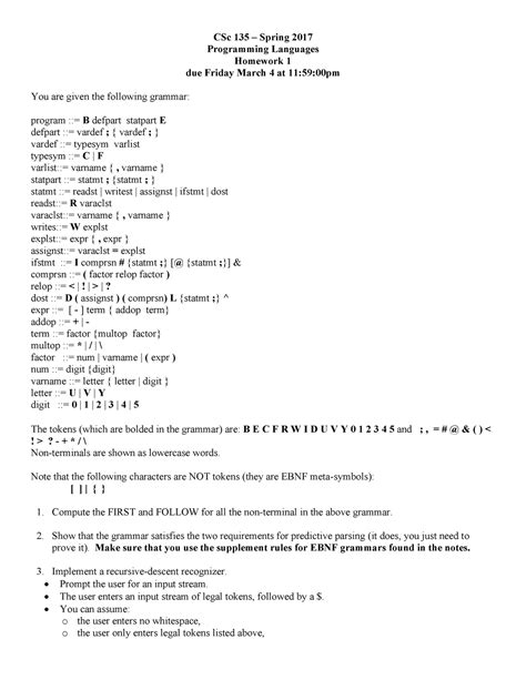 Assignment 1 Csc 135 Spring 2017 Programming Languages Homework 1 Due Friday March 4 At