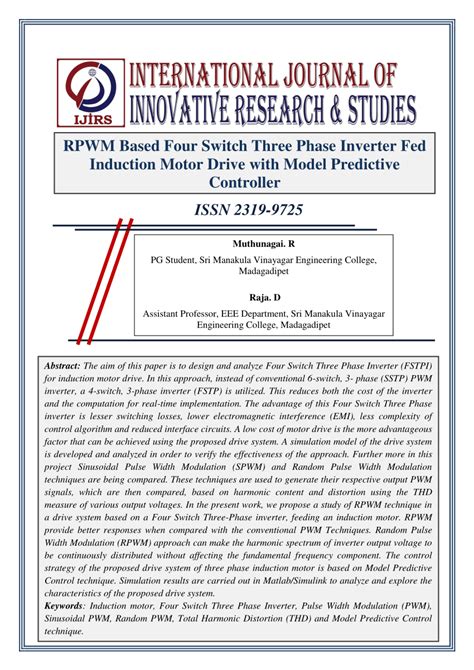 Pdf Rpwm Based Four Switch Three Phase Inverter Fed Induction Motor Drive With Model