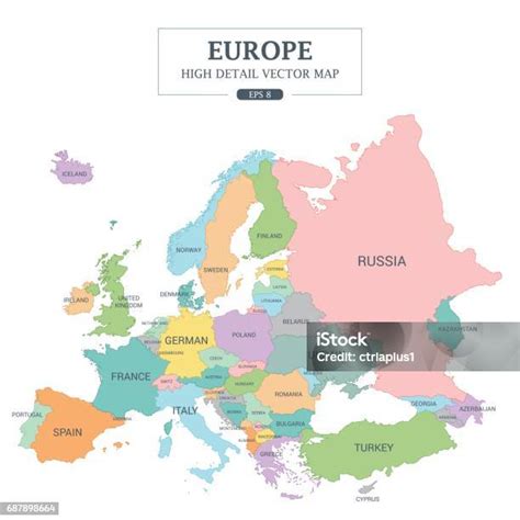 แผนที่ยุโรปสีเต็มรายละเอียดสูงแยกทุกประเทศภาพประกอบเวกเตอร์ ภาพประกอบ