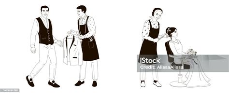 결혼식을 준비하는 아프리카 계 미국인 신부와 신랑 미용사는 신부의 헤어 스타일 신랑을위한 재단사 제안 정장 흑백 벡터 일러스트 레이 션 결혼 의식에 대한 스톡 벡터 아트 및