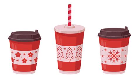 크리스마스 커피 컵입니다 뜨거운 커피 차 또는 코코아와 만화 빨간 종이컵 뜨거운 음료와 커피 컵 평면 벡터 일러스트 레이 션