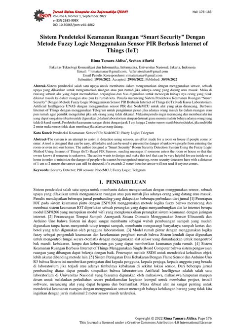 Pdf Sistem Pendeteksi Keamanan Ruangan Smart Security” Dengan Metode Fuzzy Logic Menggunakan