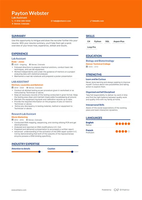 Top Lab Assistant Resume Examples Samples For 2023 Enhancv Com Layout Skills Keywords
