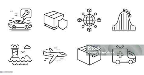 구급차 자동차 롤러 코스터 및 물류 네트워크 아이콘 세트 자동차 서비스 등대 및 비행기 표지판 벡터 0명에 대한 스톡 벡터 아트 및 기타 이미지 Istock