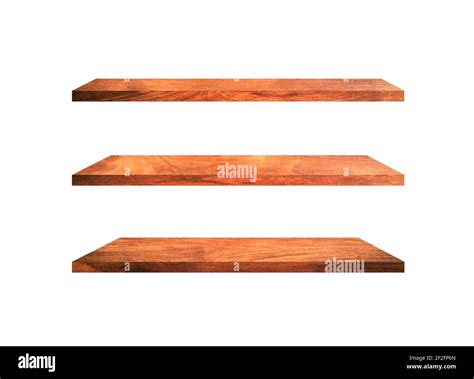Three Wooden Shelves Isolated On White Background With Clipping Path For Your Product Or Design
