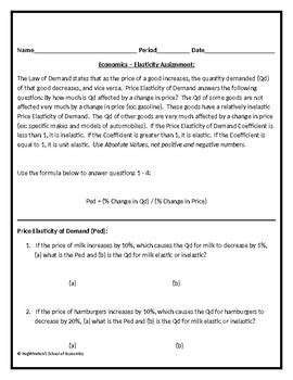 Elasticity Assignment By HogWharton S School Of Economics TpT