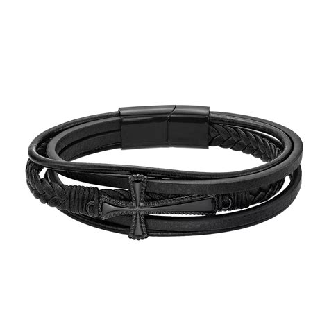 Lynx Mens Black Ion Plated Stainless Steel And Black Leather Cross Bracelet