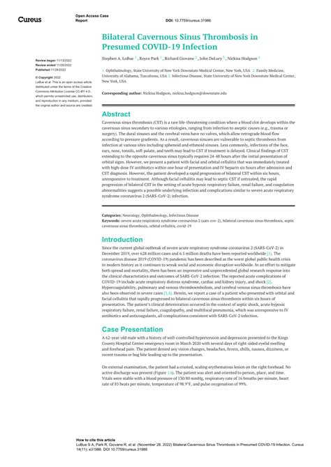 Pdf Bilateral Cavernous Sinus Thrombosis In Presumed Covid 19 Infection