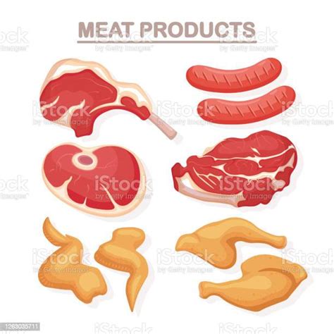 흰색 배경에 고립 된 원시 및 구운 고기 쇠고기 갈비 스테이크 소시지 돼지 고기 닭 날개 햄 정육점 벡터 플랫 일러스트레이션 0명에 대한 스톡 벡터 아트 및 기타 이미지