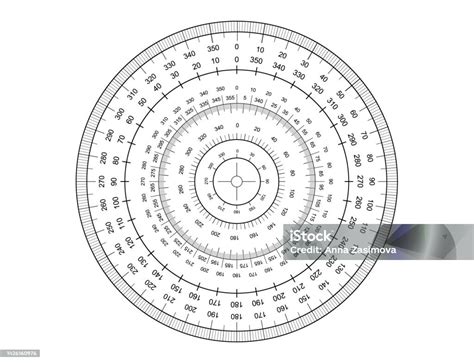 흰색 배경으로 격리 된 원 템플릿 측정 도 360 스케일 원과 선 라운드 미터 벡터 각도에 대한 스톡 벡터 아트 및 기타 이미지