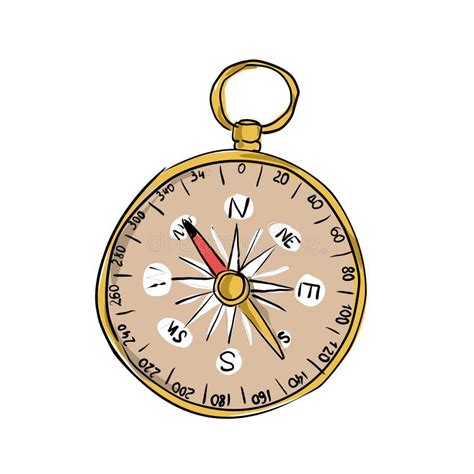 Golden Compass For Navigation With Red Arrow Cartoon Sketch On A White Golden Compass For Navigation With Red Arrow Cartoon Sketch On A White