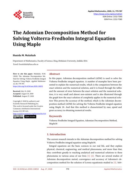 Pdf The Adomian Decomposition Method For Solving Volterra Fredholm Integral Equation Using Maple