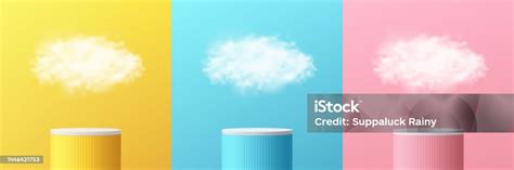 노란색 파란색 분홍색 흰색 현실적인 3d 실린더 스탠드 연단과 흰 구름 비행 배경 추상 벡터 기하학적 형태 최소한의 벽 장면 무대 진열장 모형 제품 전시 구름에 대한 스톡