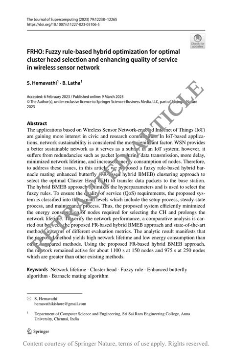 Frho Fuzzy Rule Based Hybrid Optimization For Optimal Cluster Head Selection And Enhancing