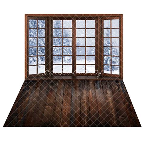 Kate Winter Snow Wood Door Backdrop Brown Wood Floor Backdrop