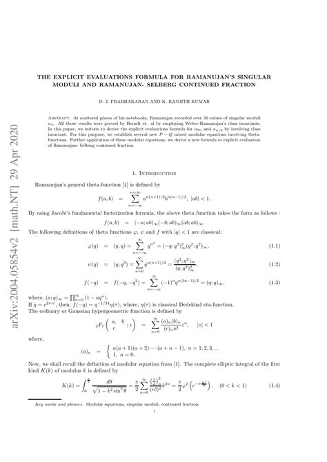 Pdf The Explicit Evaluations Formula For Ramanujans Singular Moduli And Ramanujan Selberg