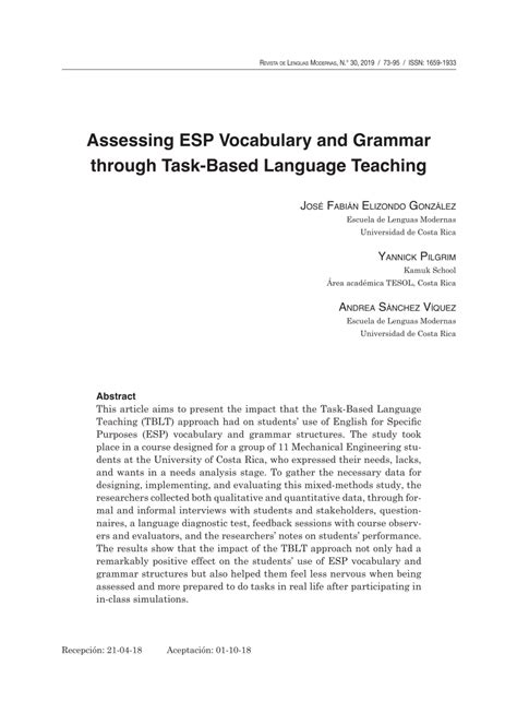 Pdf Assessing Esp Vocabulary And Grammar Through Task Based Language