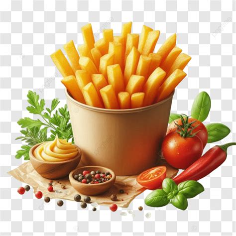 신선한 야채와 풍미를 더하기 위해 향신료를 뿌려 둘러싸인 황금빛 감자튀김이 담긴 양동이 황금감자튀김 감자튀김 한 통 감자튀김 Png 일러스트 및 이미지 에 대한 무료