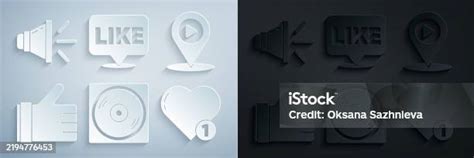 비닐 디스크 위치에 따른 디지털 미디어 재생 손 좋아요 하트 좋아요 말풍선 및 스피커 볼륨 아이콘을 설정합니다 벡터 3차원 형태에 대한 스톡 벡터 아트 및 기타 이미지