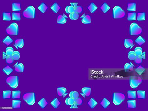 카드 슈트가 있는 프레임 다이아몬드 하트 클럽 3d 스타일의 스페이드 파란색 그라데이션의 카드 슈트의 아이소메트릭 기호 카드 게임 카지노 초대장 및 배너용 템플릿을