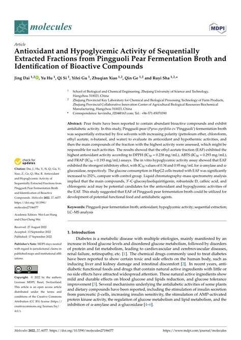 Pdf Antioxidant And Hypoglycemic Activity Of Sequentially Extracted Fractions From Pingguoli