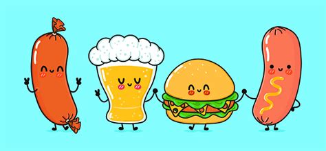 귀엽고 재미있는 행복한 맥주 한 잔 겨자와 햄버거를 곁들인 소시지 벡터 손으로 그린 만화 가와이 문자 일러스트 아이콘 맥주 소시지 겨자 및 햄버거 마스코트의 재미있는 만화